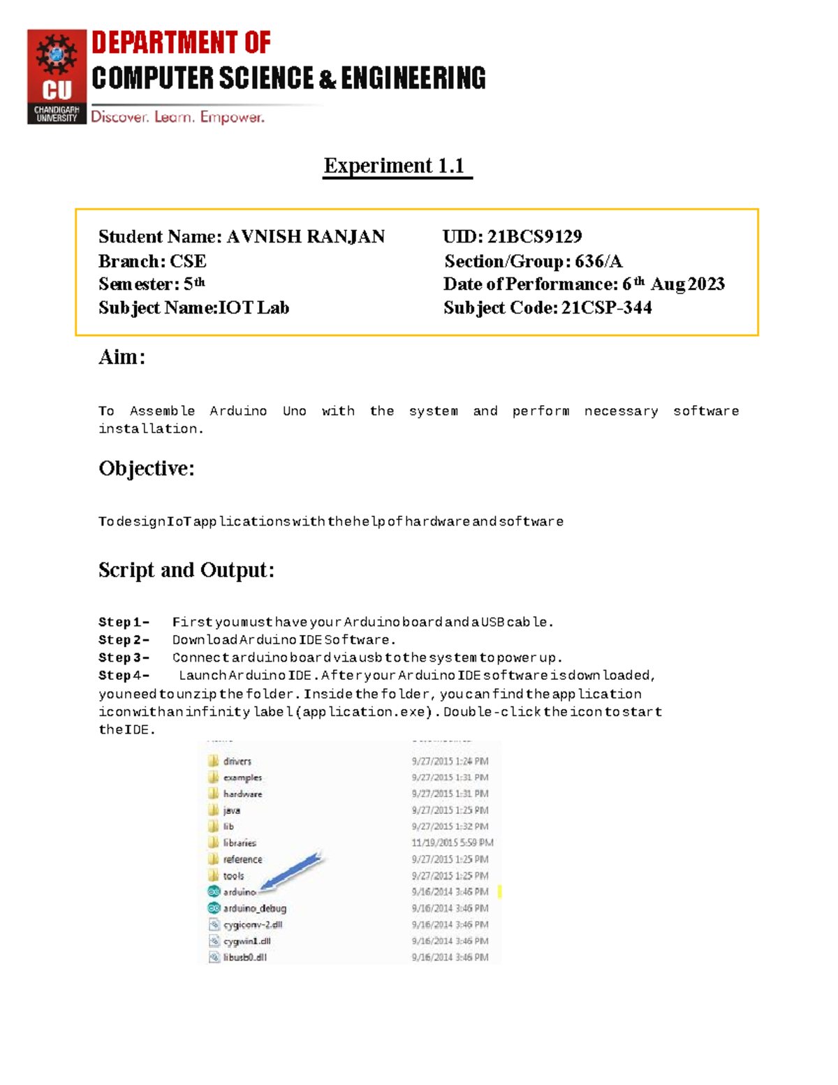 EXP-1.1 Avnish Ranjan 21BCS9129 - DEPARTMENT OF COMPUTER SCIENCE & ENGINEERING th To Assemble ...