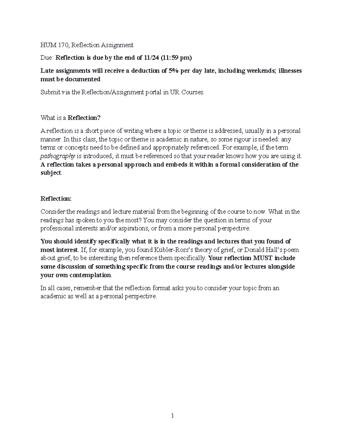 Reflection Assignment Fall 2023 - 1 HUM 170, Reflection Assignment Due ...