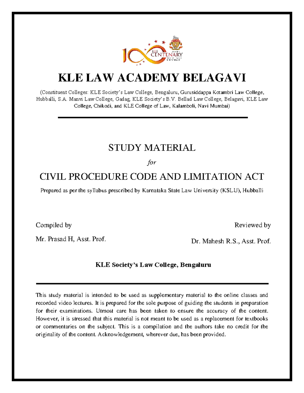Course II Civil Procedure Code and Limitation Act - KLE LAW ACADEMY ...