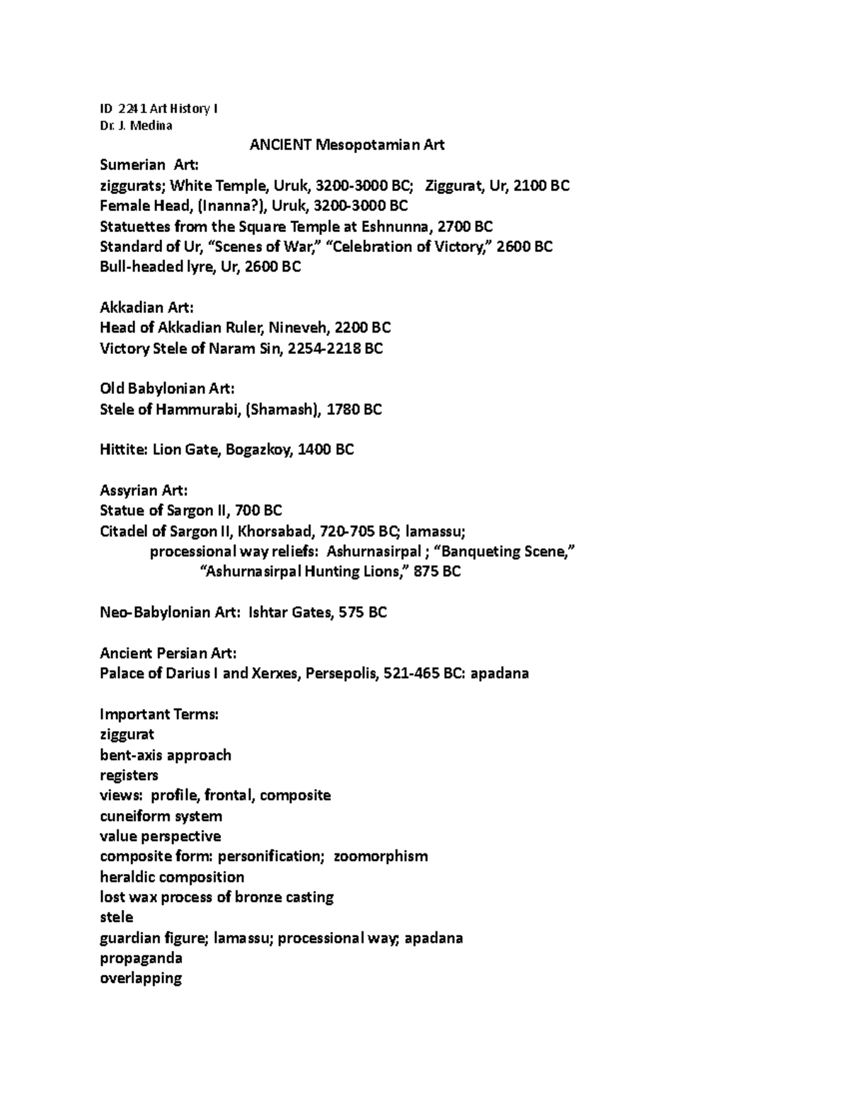 Ancient Mesopotamian Art outline - ID 2241 Art History I Dr. J. Medina ...