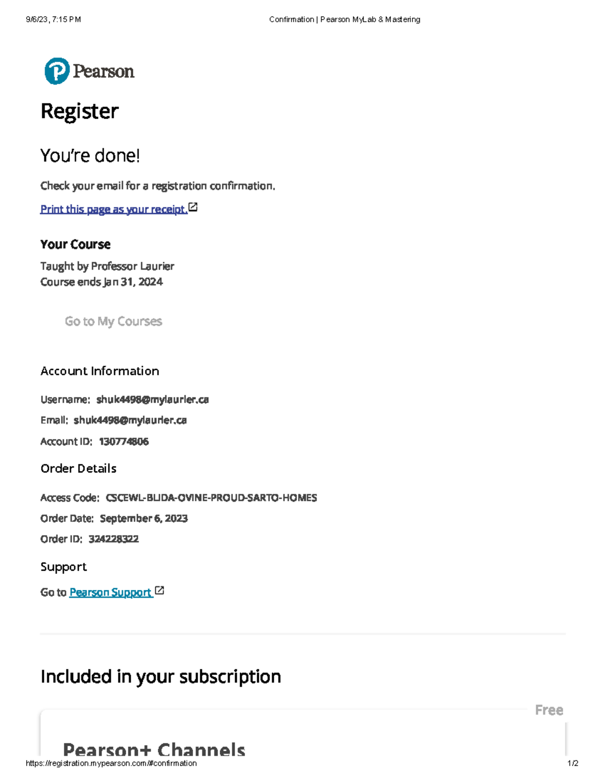 Confirmation Pearson My Lab & Mastering - 9/6/23, 7:15 PM Confirmation ...