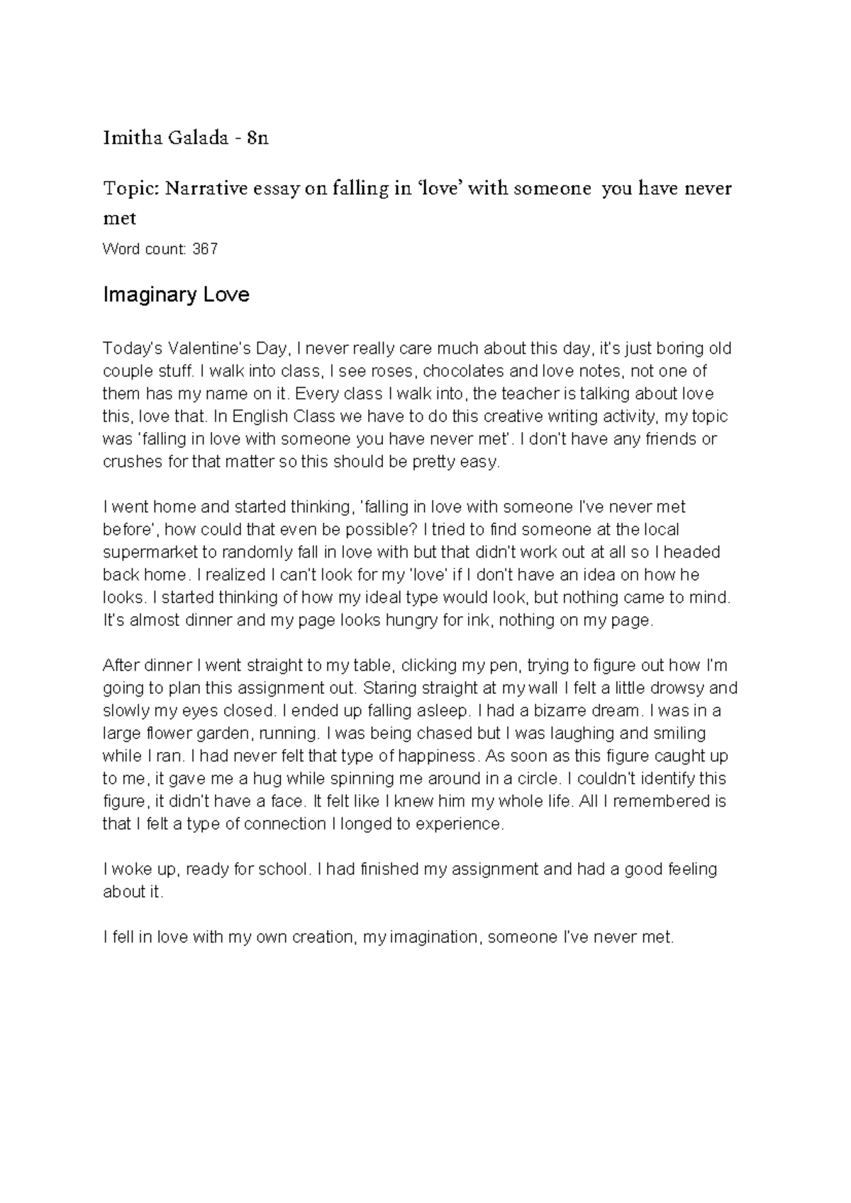 Grade 8 Essay- Imitha Galada - Imitha Galada - 8n Topic: Narrative ...