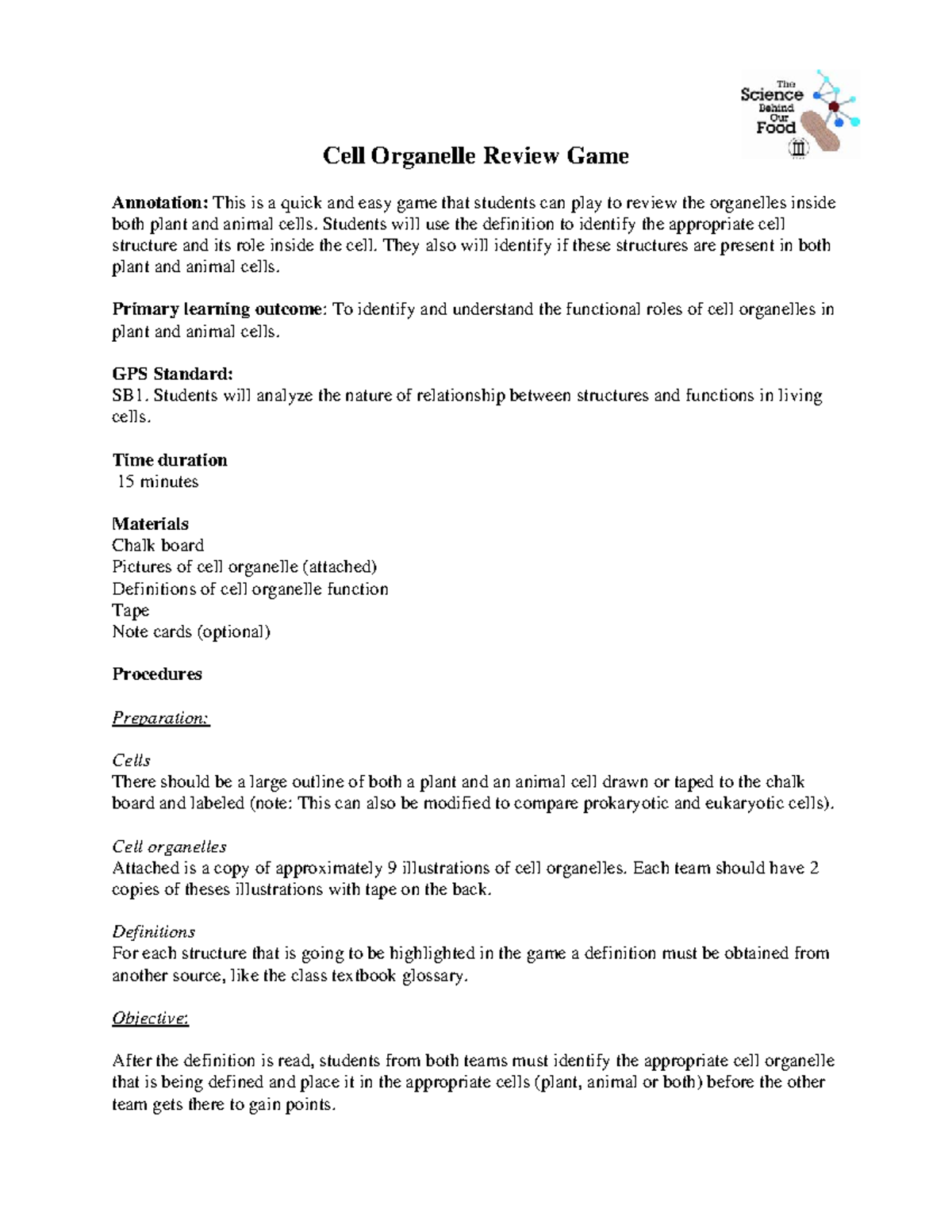 Cell Organelle Review - Students will use the definition to identify ...