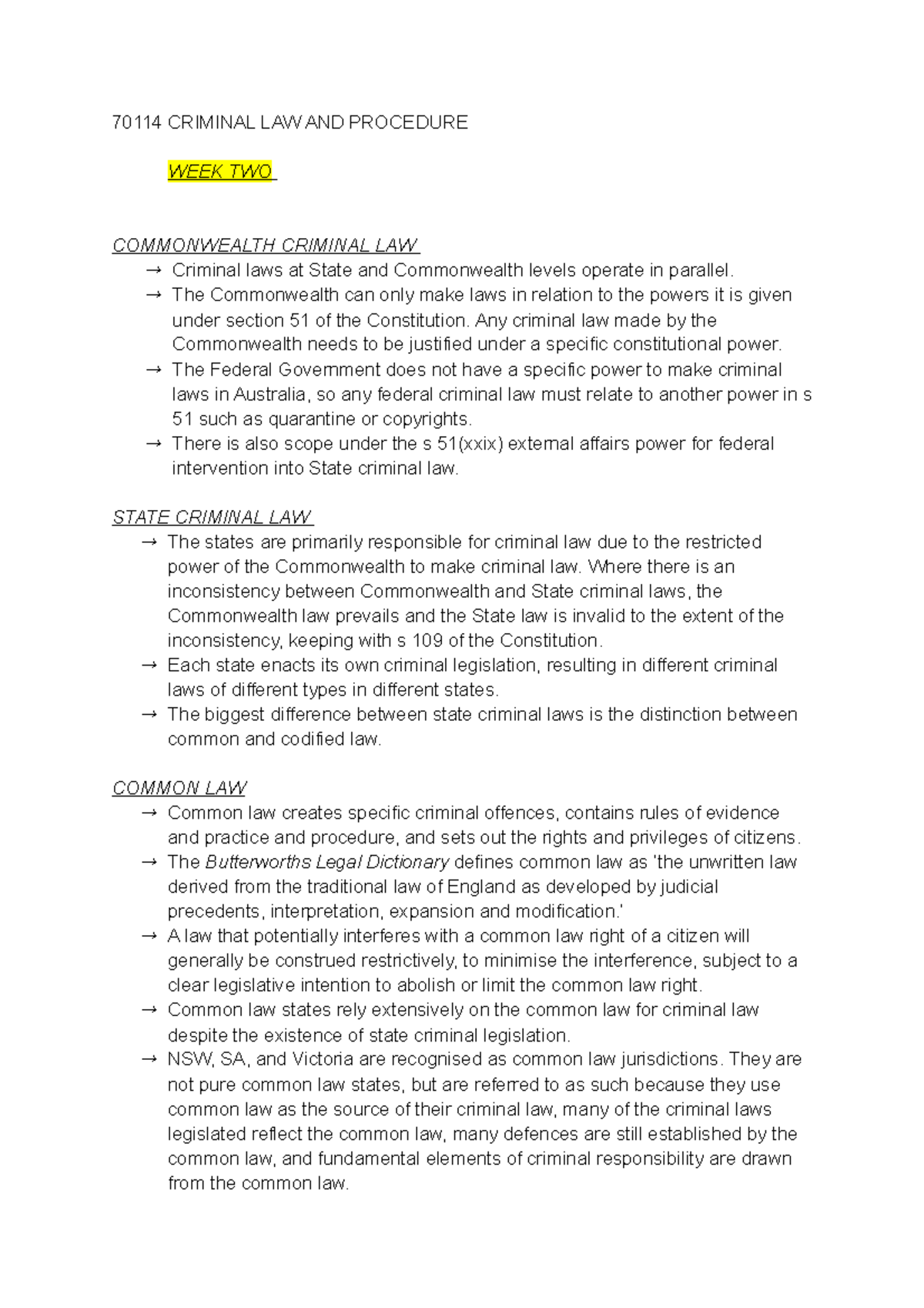 Notes AND Study - Criminal Law and Procedure - 70114 CRIMINAL LAW AND ...