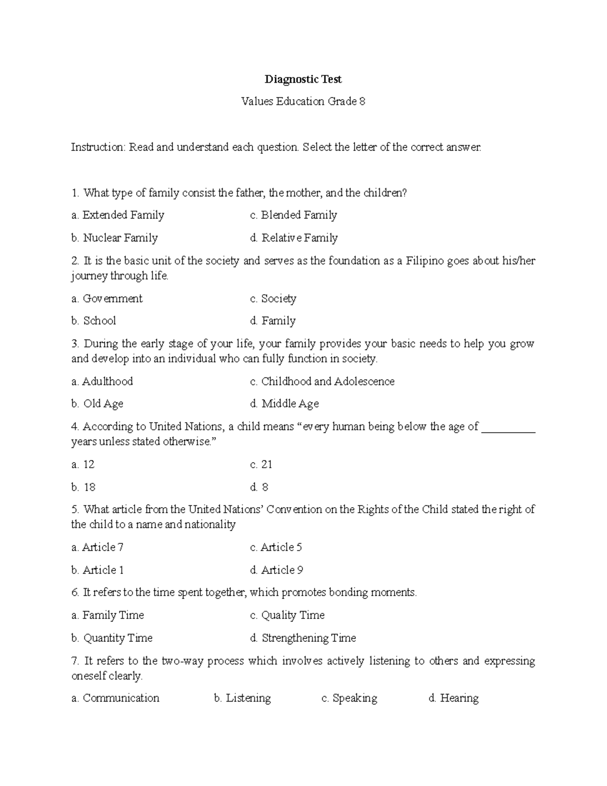 Diagnostic Test Values Grade 8 Diagnostic Test Values Education