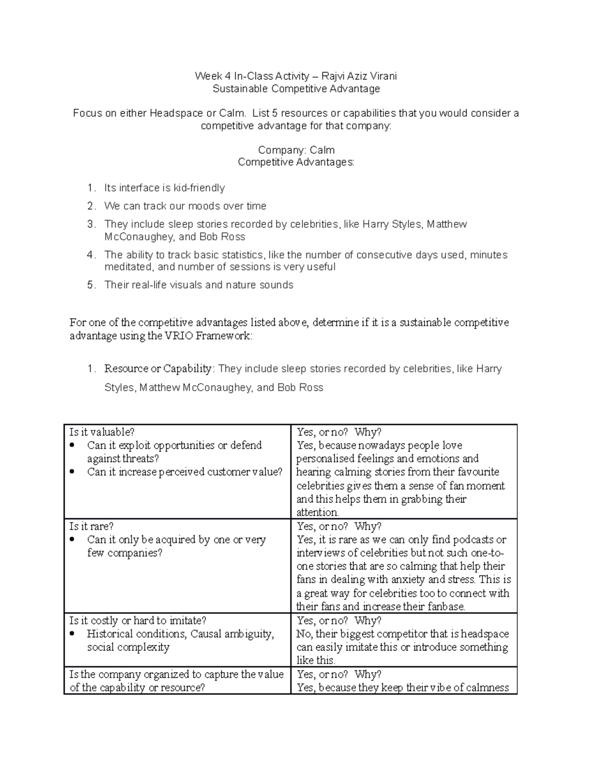 Week 4 ICA VRIO Analysis - Week 4 In-Class Activity – Rajvi Aziz Virani ...