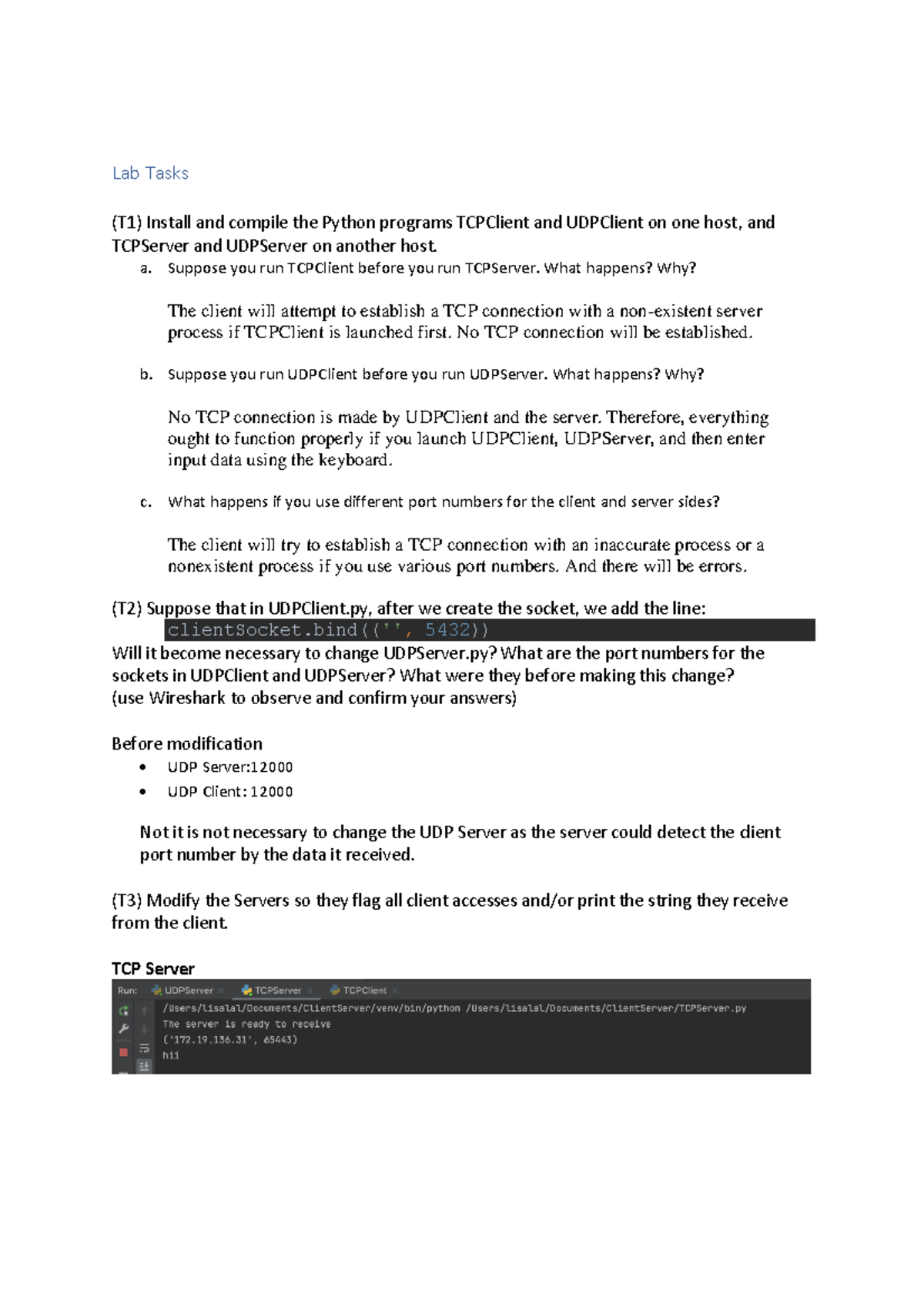 Network Fundamental Lab 4 Lab Tasks T1 Install And Compile The Python Programs Tcpclient