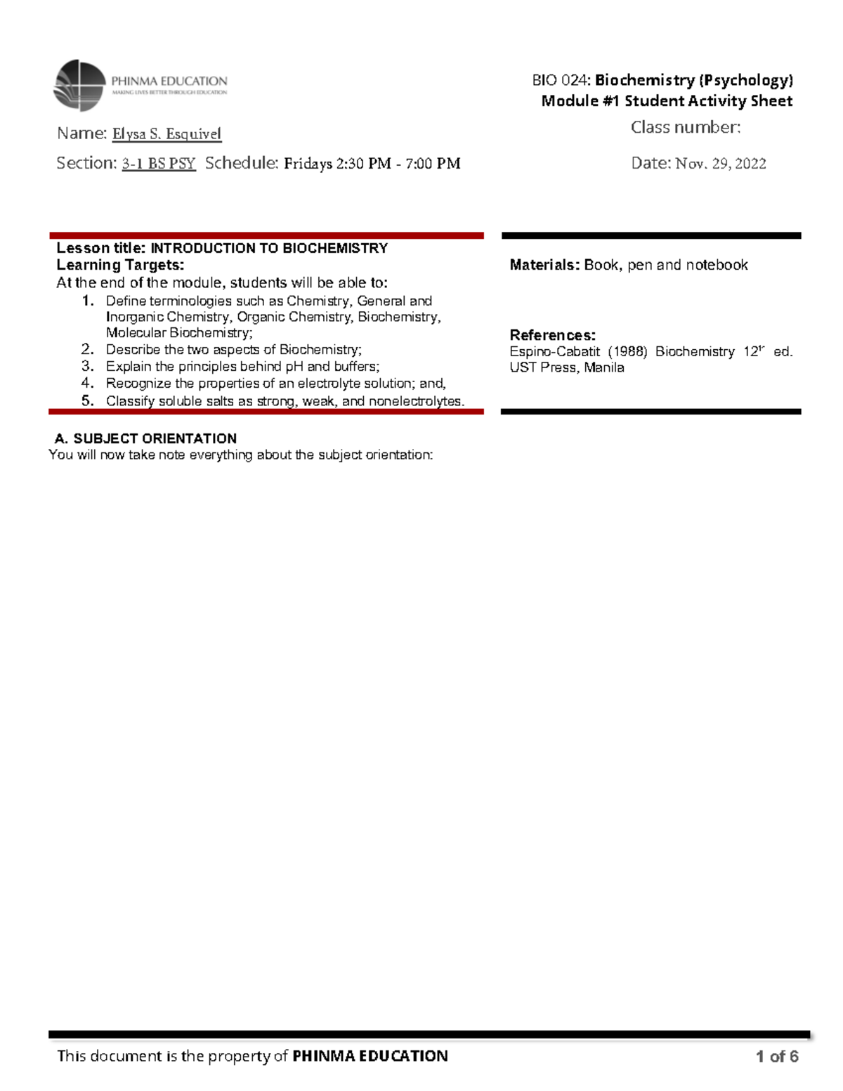 P1 - Module 1-7 Biochemistry - Module #1 Student Activity Sheet Name ...