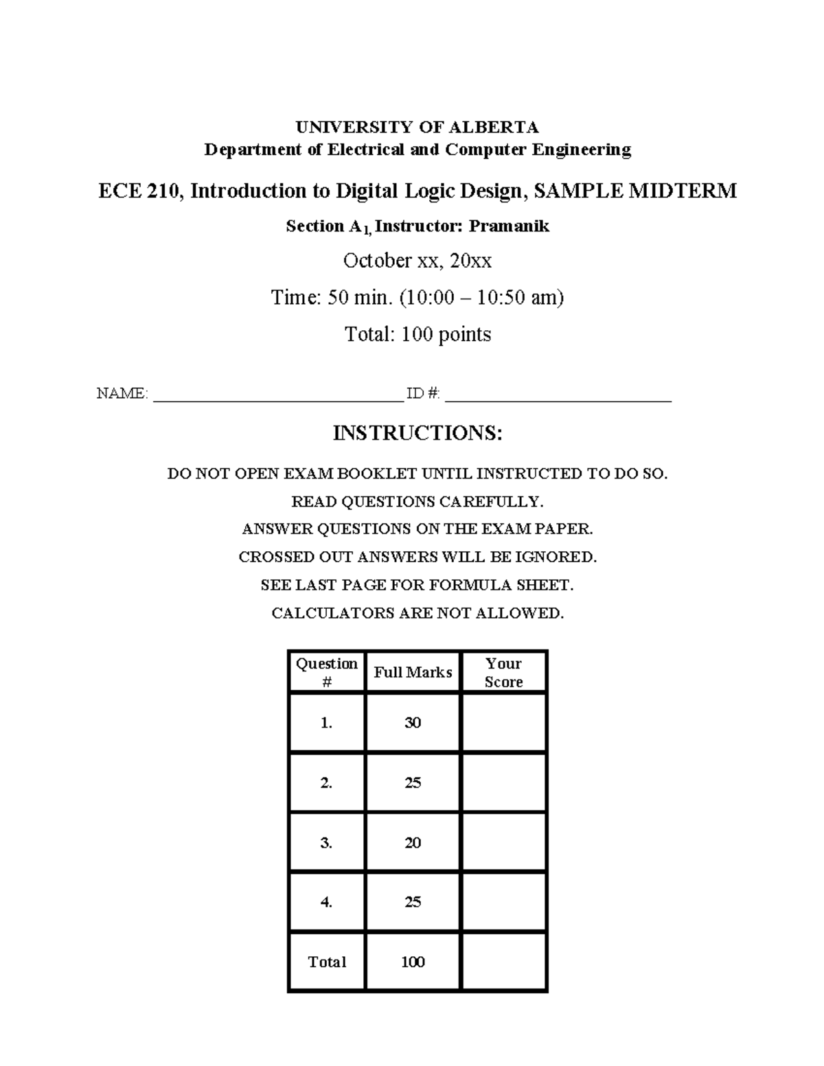 Sample midterm 2013 - hi jk kic - UNIVERSITY OF ALBERTA Department of ...
