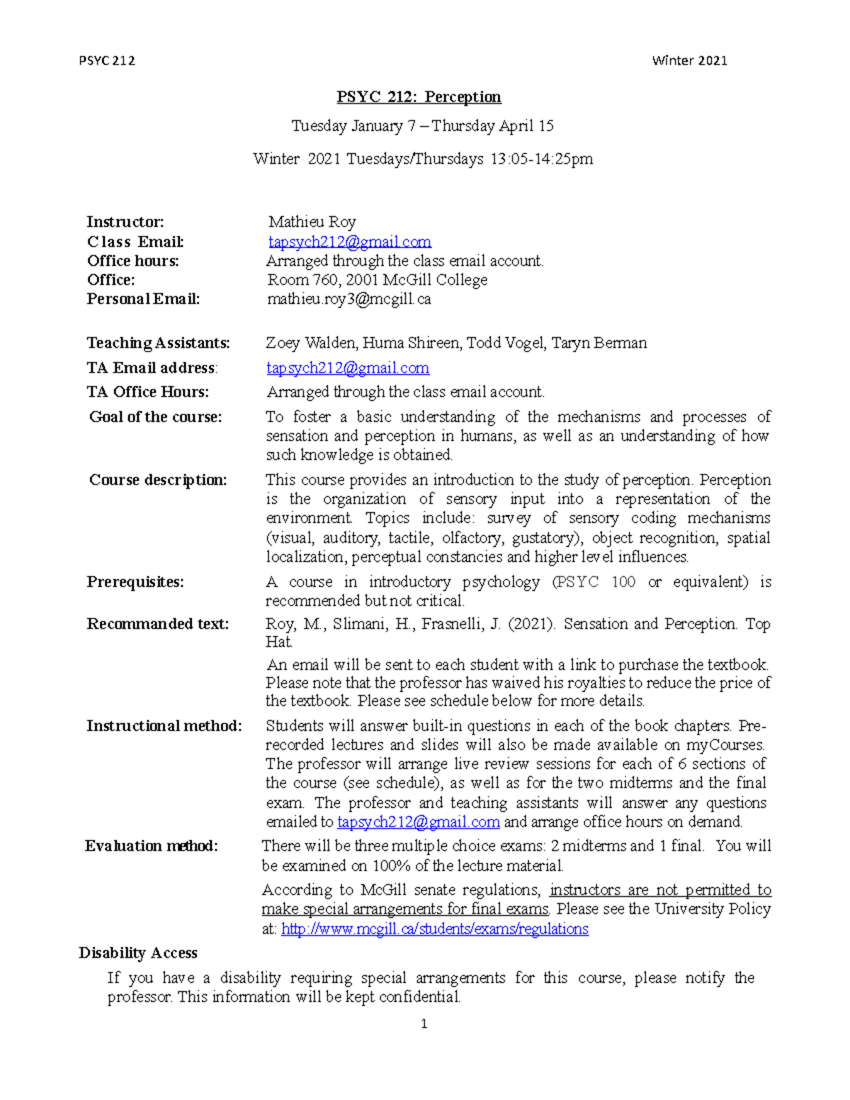 PSYC212 2021 provisional syllabus - PSYC 212: Perception Tuesday January 7 – Thursday April 15 ...