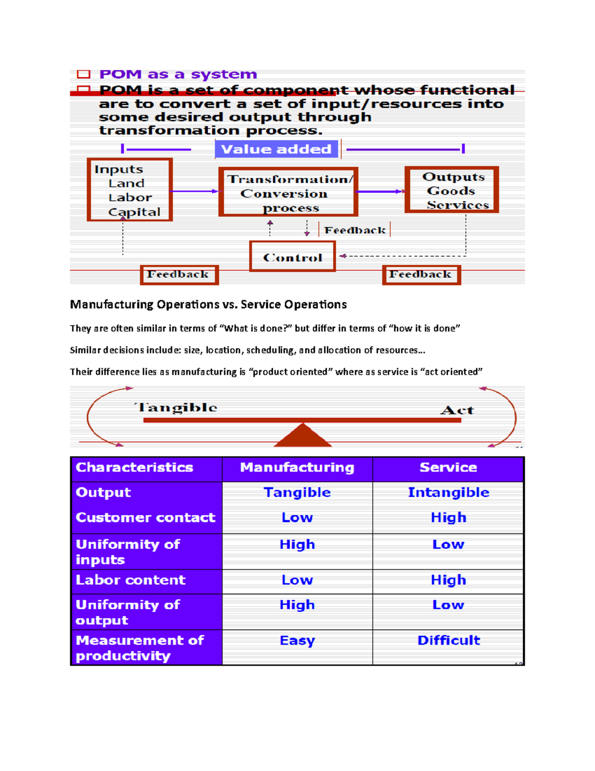 Manufacturing Operations vs - Service Operations They are often similar ...