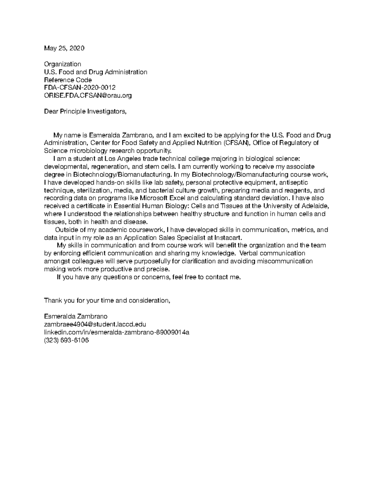 Prpltk 214 Final Cover Letter - May 25, 2020 Organization U. Food and ...
