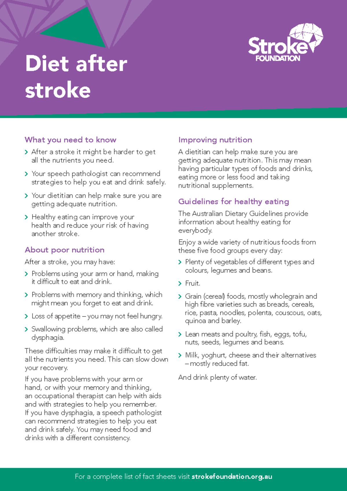 Diet after stroke factsheet - For a complete list of fact sheets visit ...