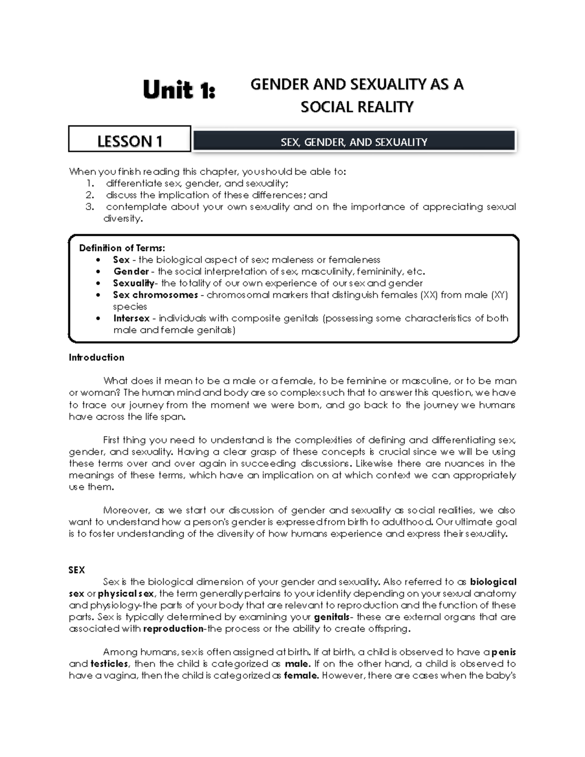 Prelim-Module-1 - Gender and Society notes only - Lesson Objectives ...