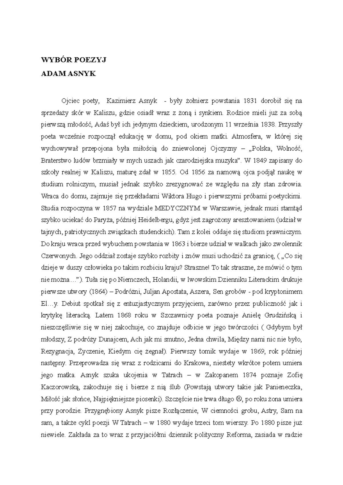 Asnyk A., Wybór poezyj - Skrypt - WYBÓR POEZYJ ADAM ASNYK Ojciec poety ...