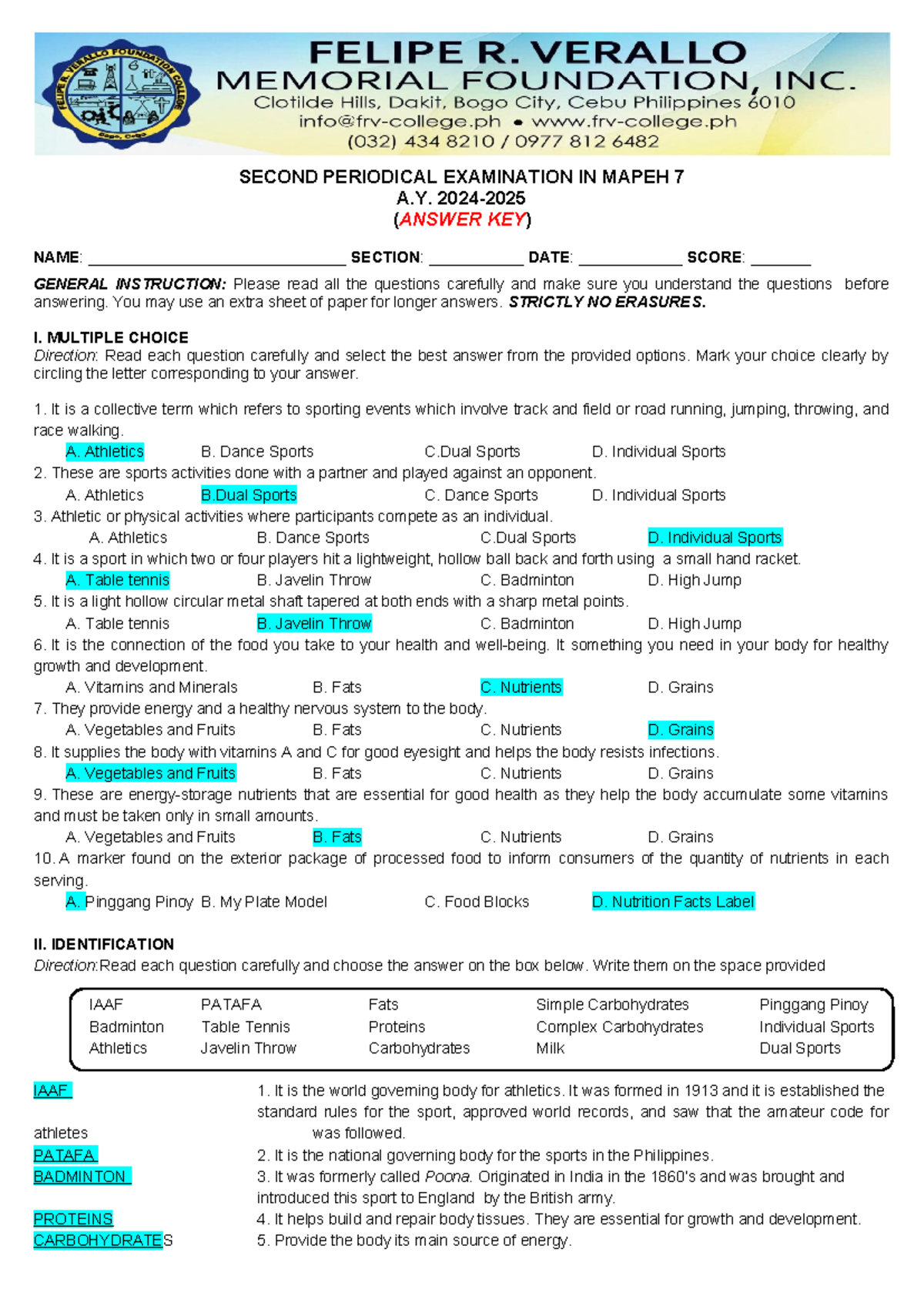 Mapeh 7 (2nd) ( Answer KEY) - SECOND PERIODICAL EXAMINATION IN MAPEH 7 ...