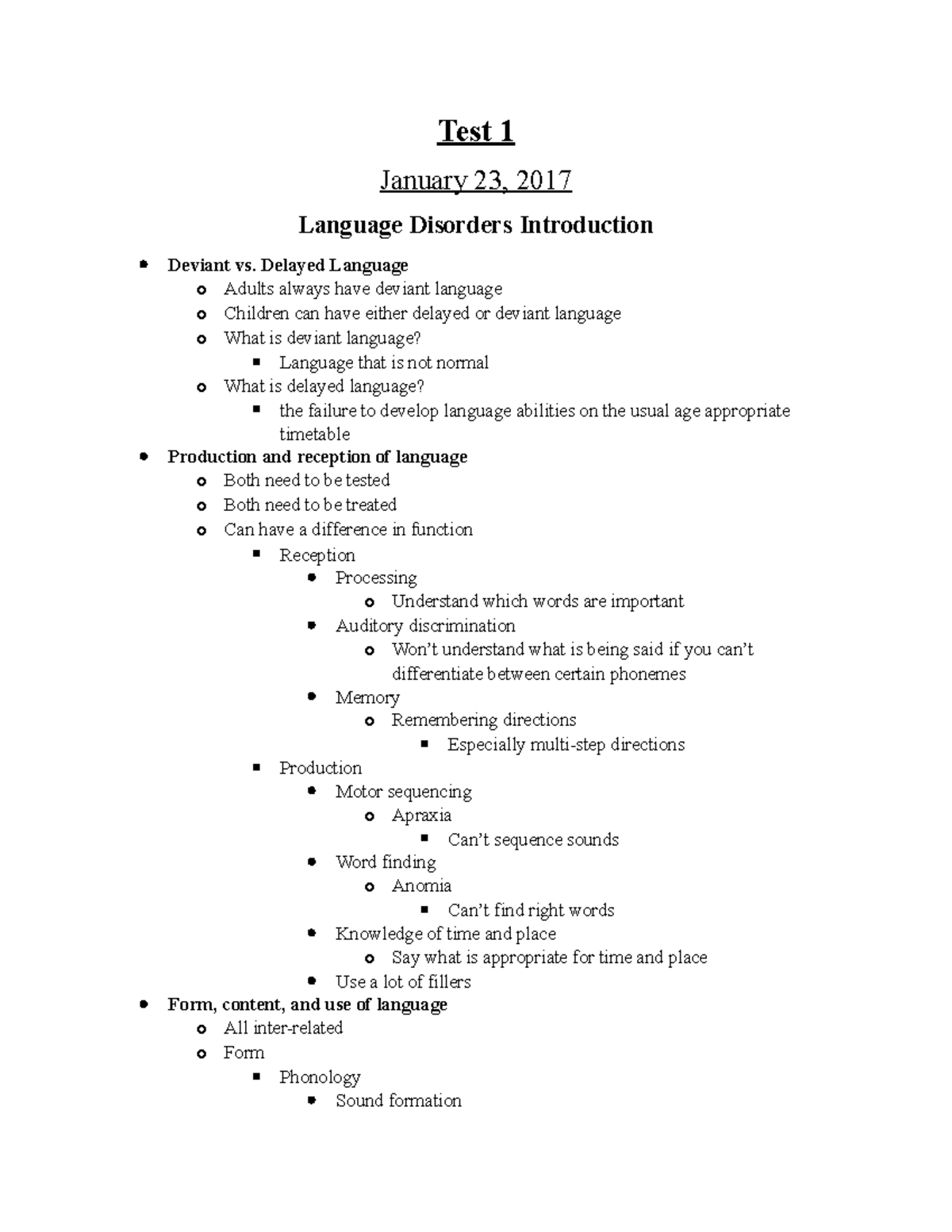 Notes for Test 1 - Test 1 January 23, 2017 Language Disorders ...