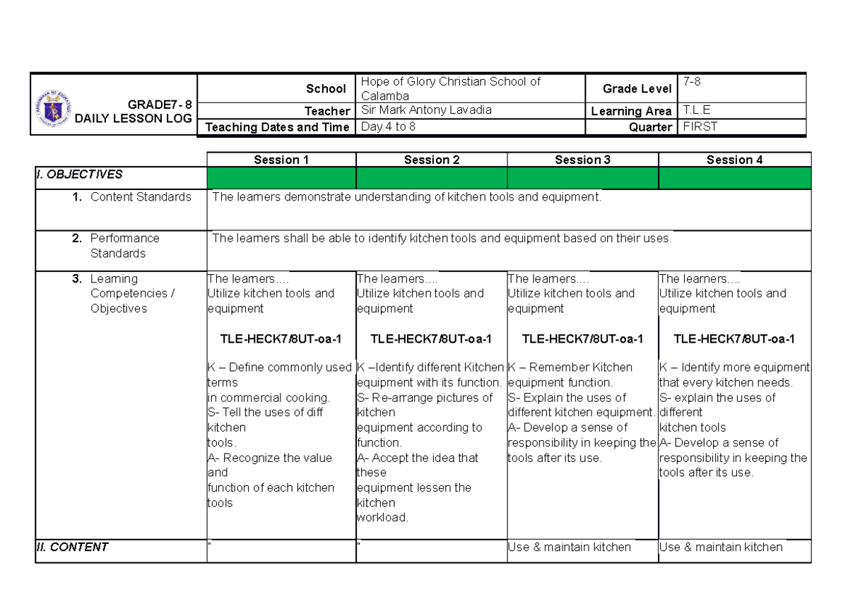 DLL IN T.L.E 7and 8 - none - GRADE7- 8 DAILY LESSON LOG School Hope of ...