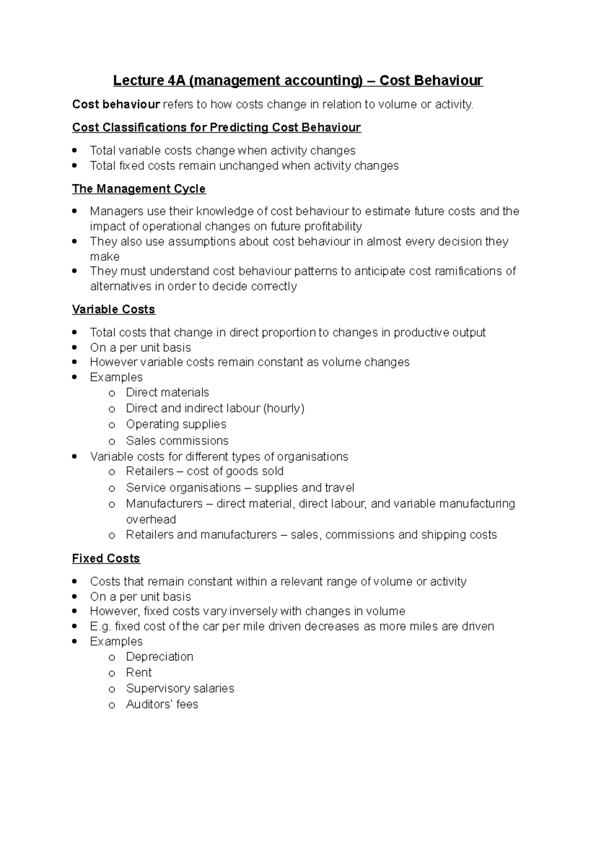 Cost Behaviour 1 - Lecture 4A (management accounting) – Cost Behaviour ...
