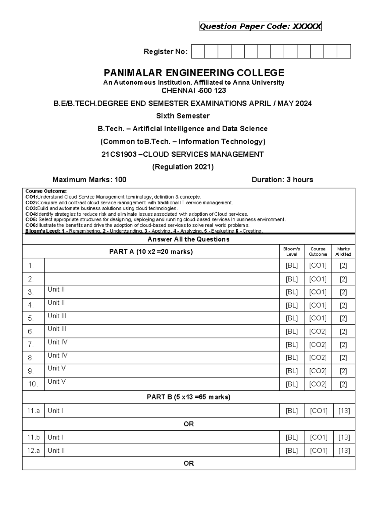 21CS1903 – Cloud Services Management - Question Paper Code: XXXXX ...