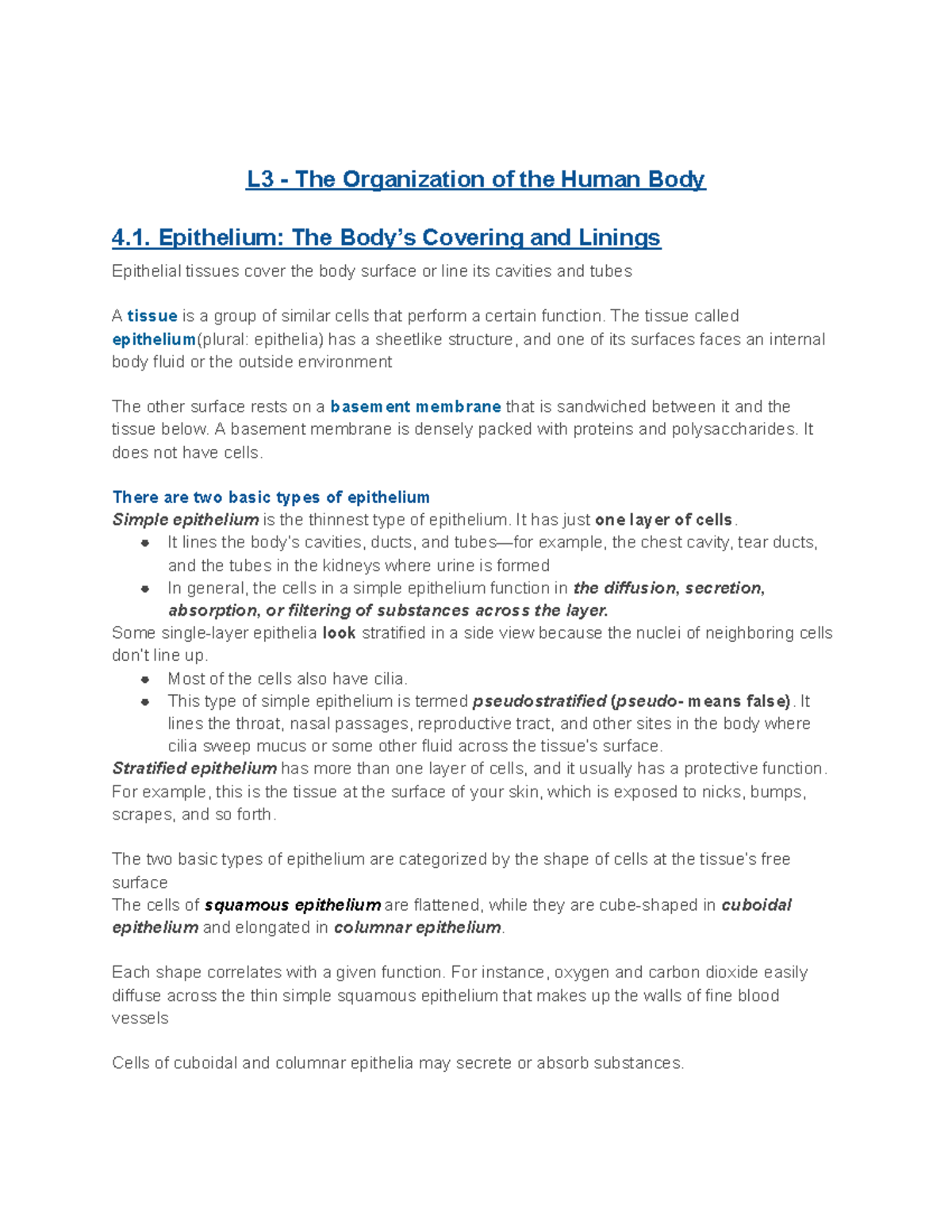 L3 - Full - L3 - The Organization of the Human Body 4. Epithelium: The ...