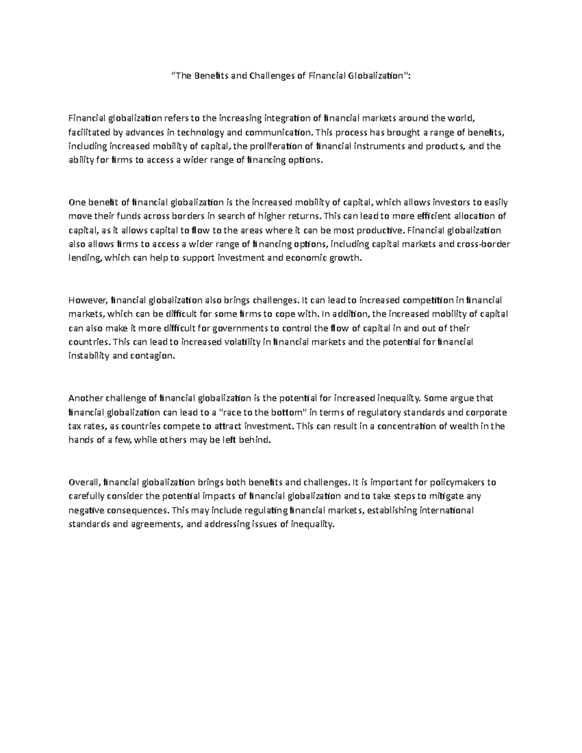 The Benefits and Challenges of Financial Globalization - “The Benefits ...