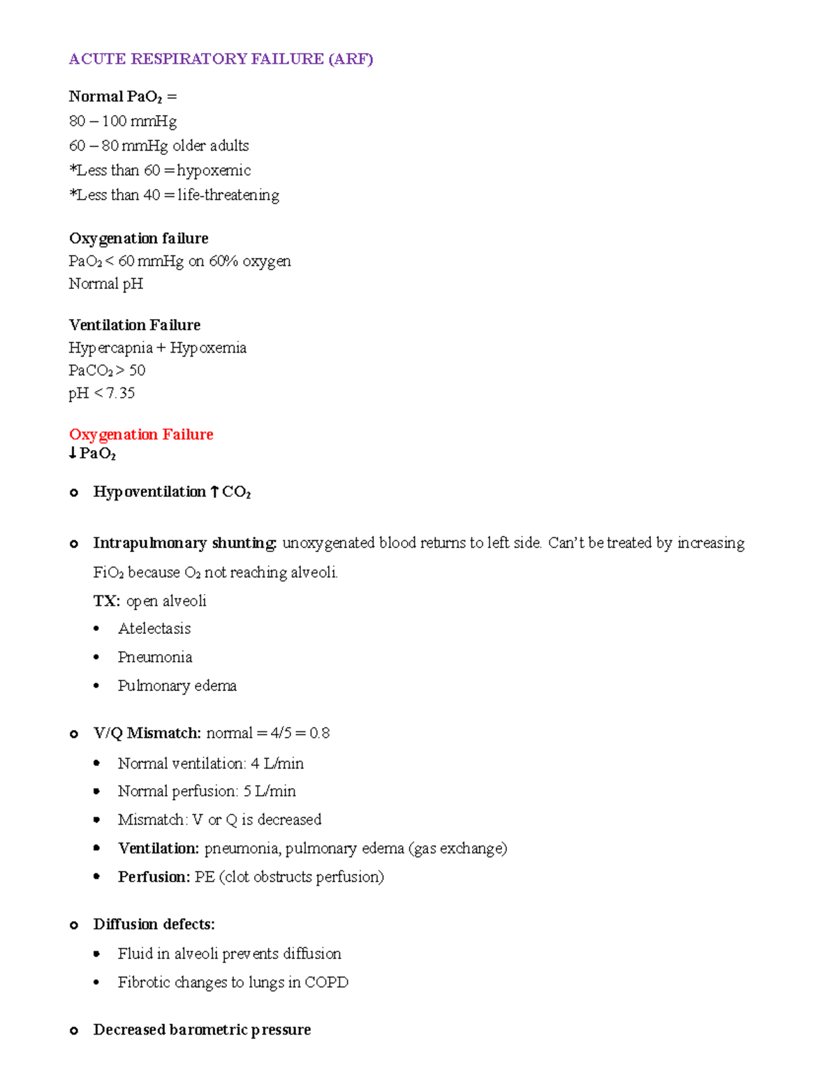 Acute Resp Failure - ARF Notes - Acute Respiratory Failure ACUTE ...
