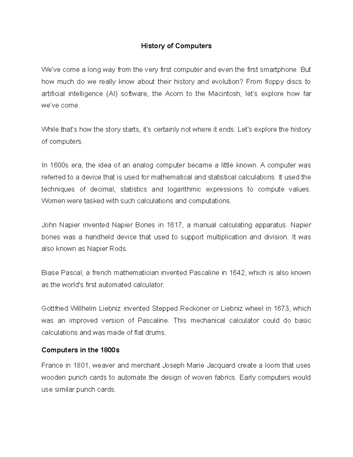 Research in IT and summaries - History of Computers We’ve come a long ...