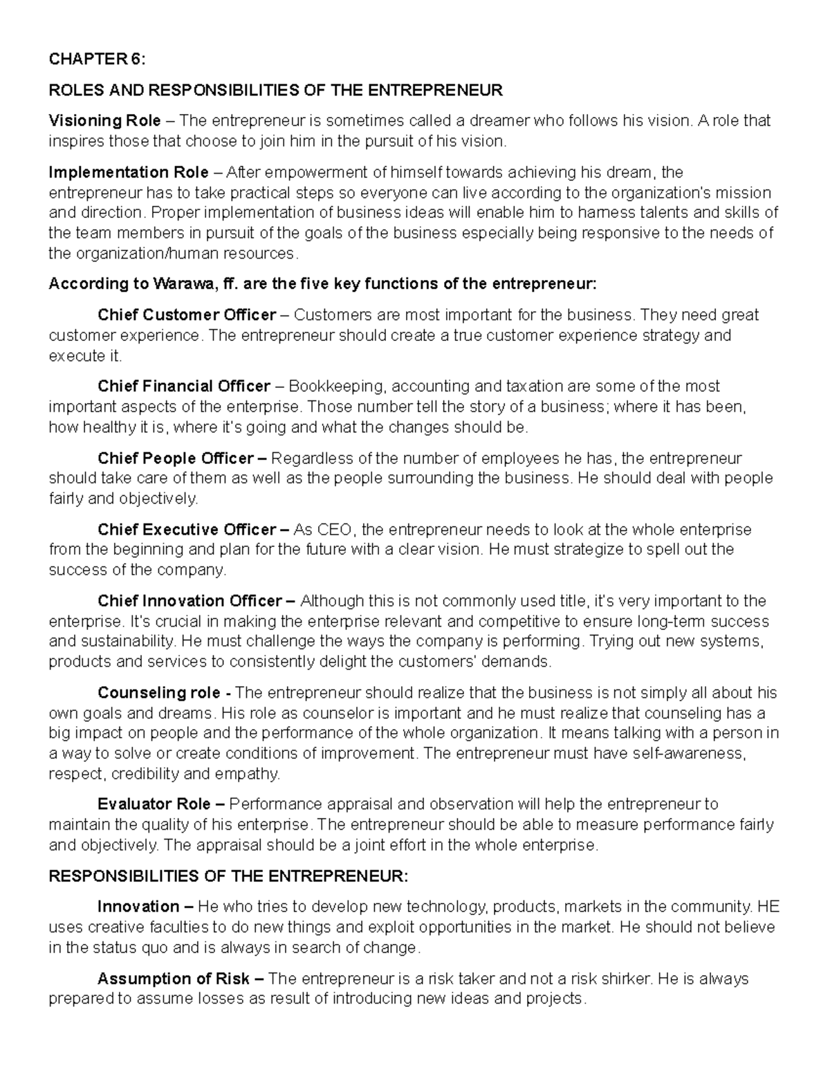 Entrepreneurial Behavior Chapters 6 to 8 - CHAPTER 6: ROLES AND ...