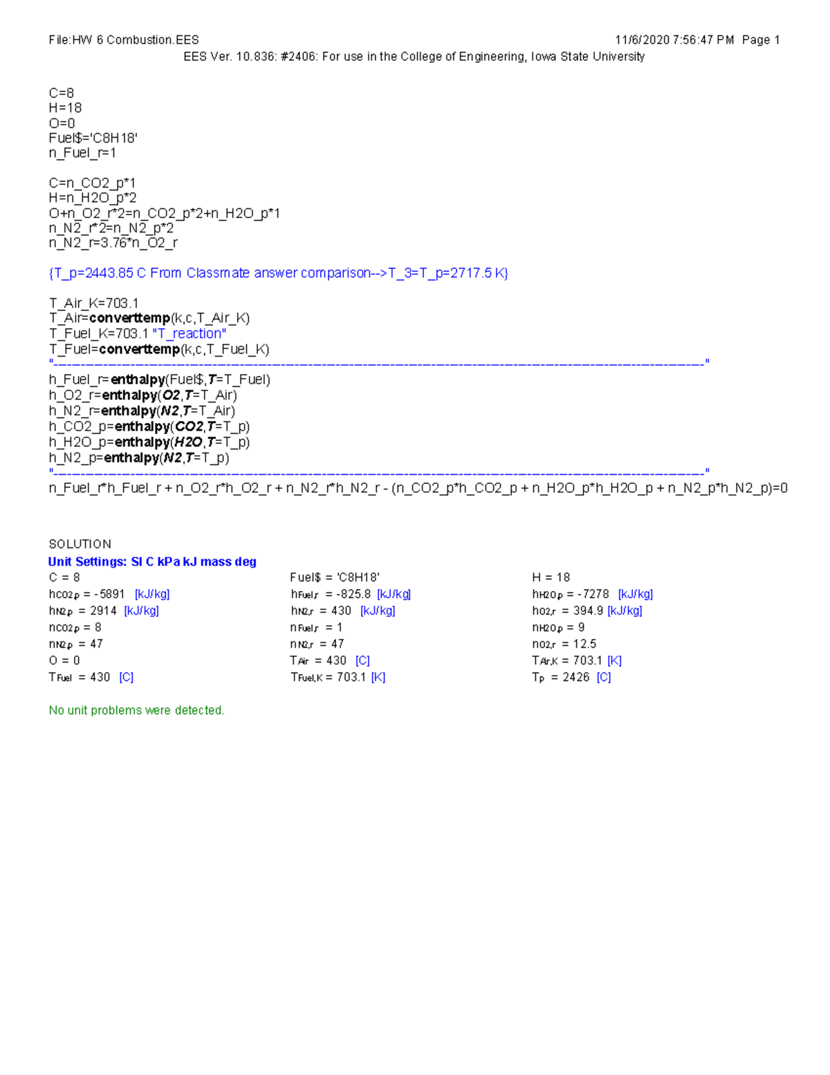HW 6 - Engineering Thermodynamics II assignment # 6 - File:HW 6 Combustion 11/6/2020 7:56:47 PM ...