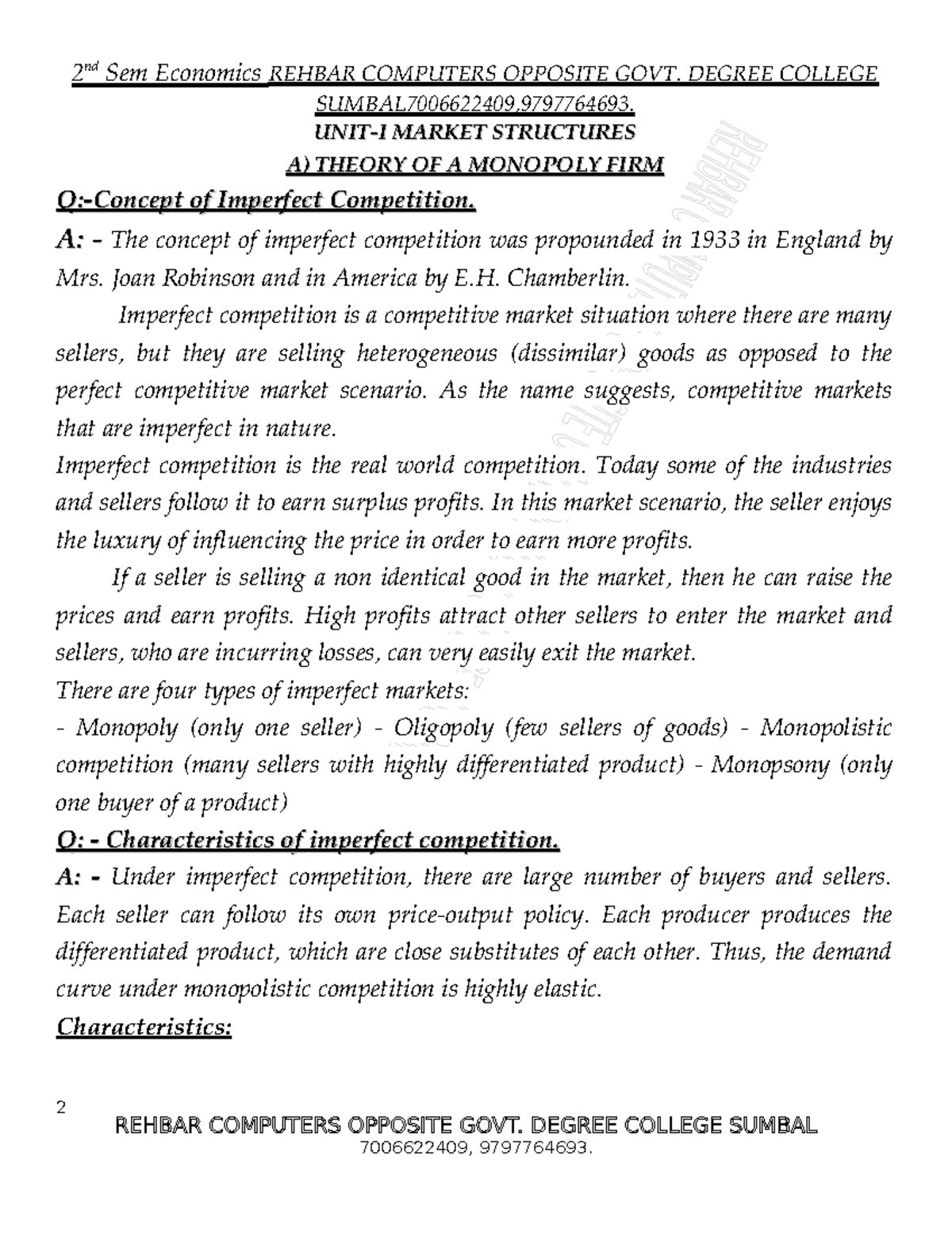 2nd semester economics 1 - SUMBAL7006622409,9797764693. UNIT-I MARKET ...