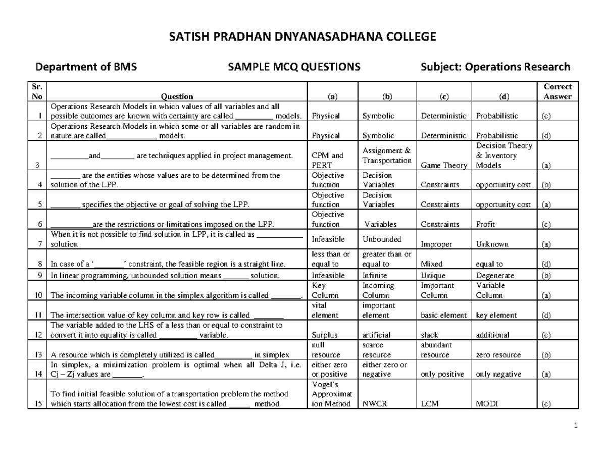 SEM 6 BMS Operations Research - 1 SATISH PRADHAN DNYANASADHANA COLLEGE ...
