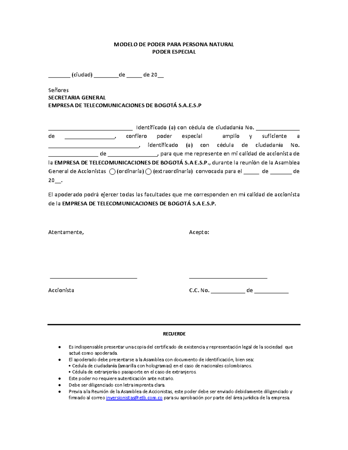 Modelo poder ETB para persona natural - MODELO DE PODER PARA PERSONA ...