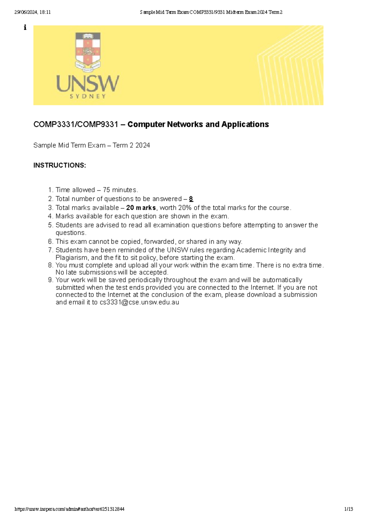 COMP3331 Sample Mid term with sample solutions - COMP3331/COMP9331 – Computer Networks and - Studocu