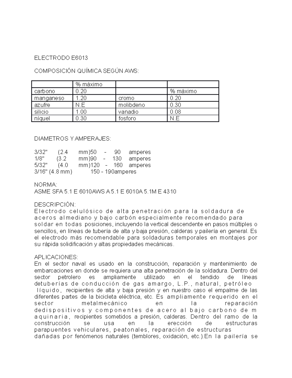 Soldadura E6013 - caracteristicas - ELECTRODO E COMPOSICIÓN QUÍMICA SEGÚN AWS: % máximo carbono ...