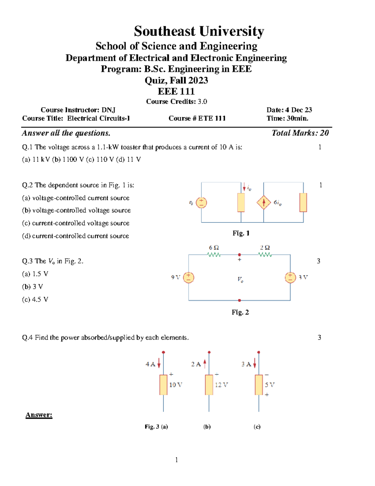 Quiz-EEE111 Fall23 section 3 - 1 Southeast University School of Science and Engineering ...
