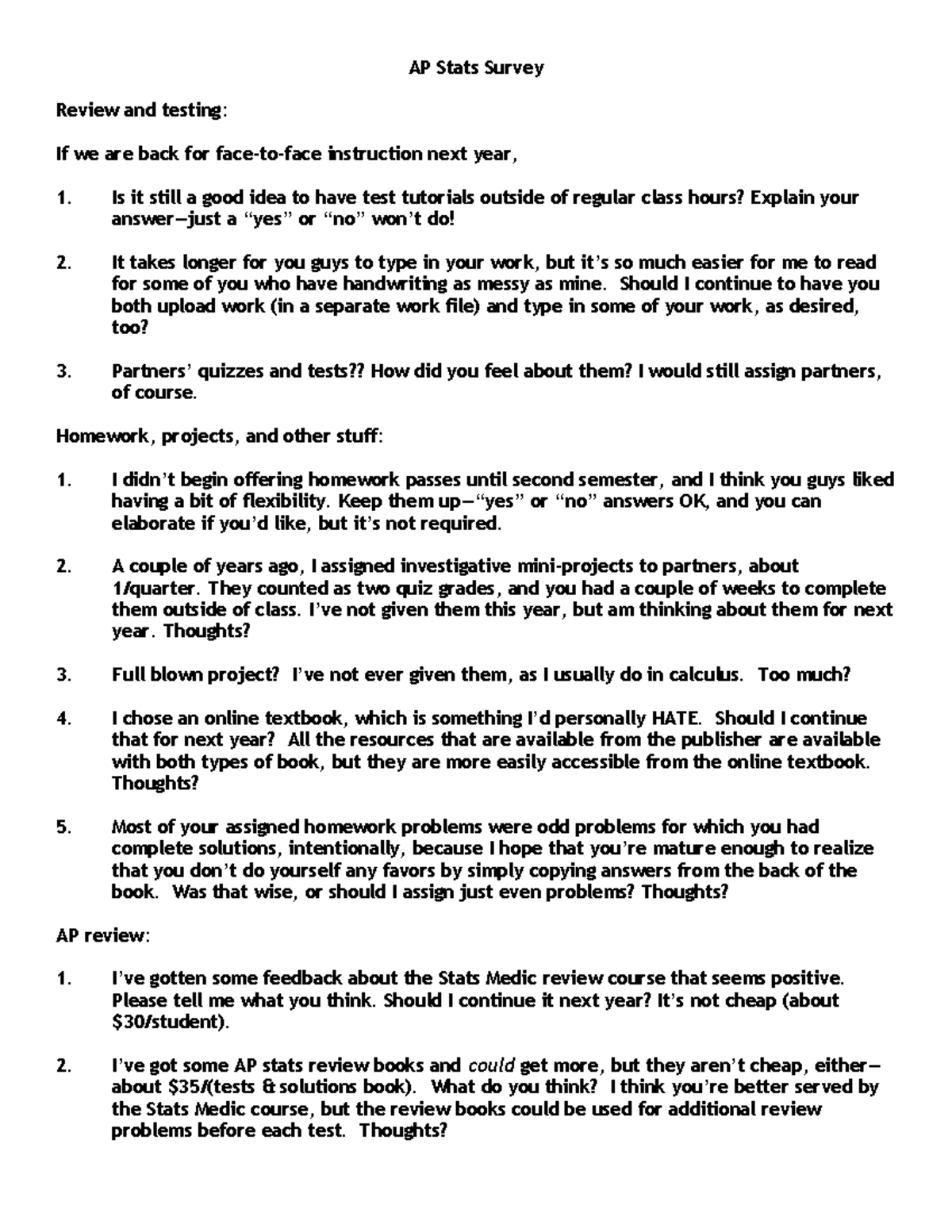 20-21 AP Stats Survey - Lecture notes 1-4 - Sociology - Studocu