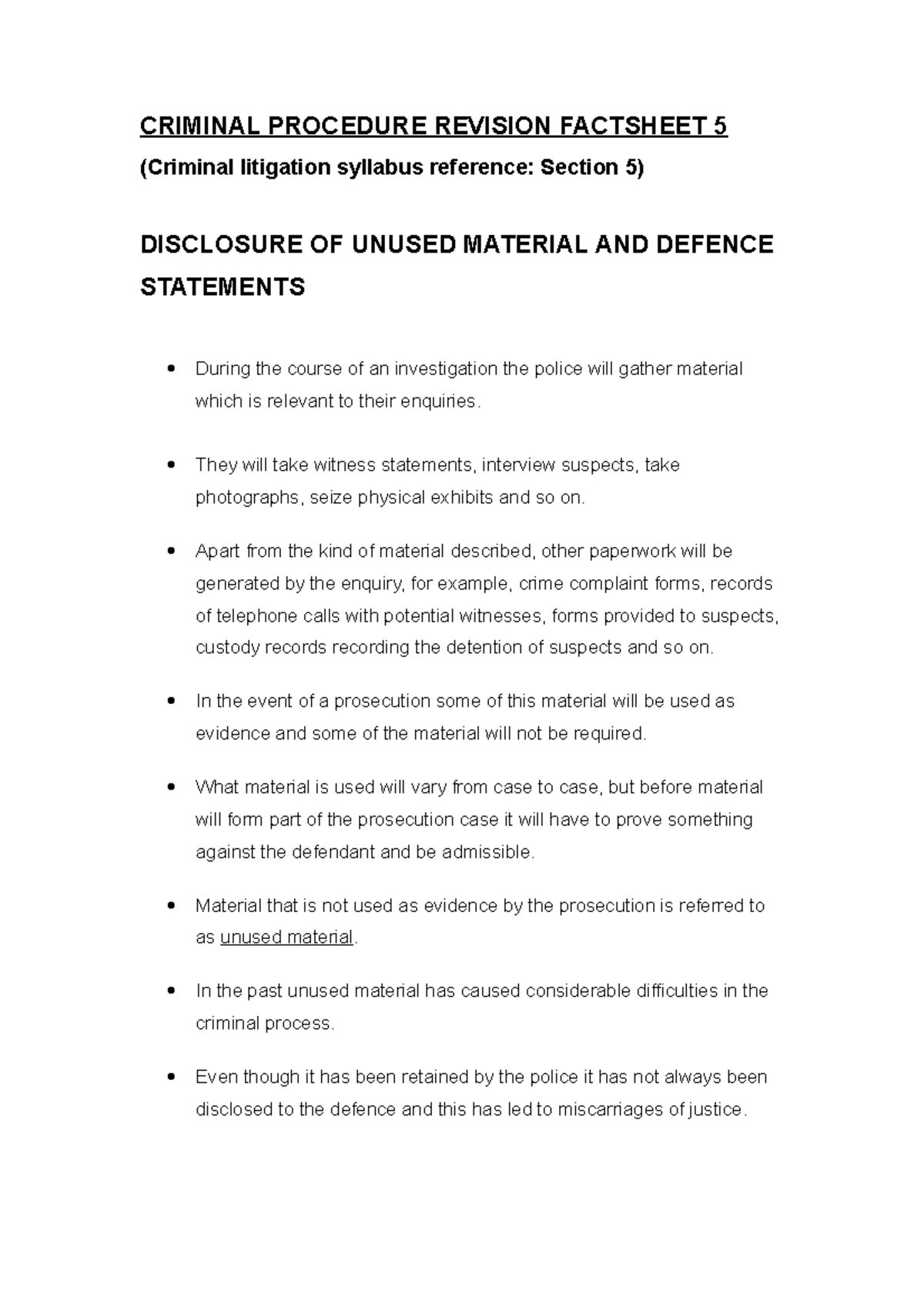 Factsheet 5 - Disclosure - CRIMINAL PROCEDURE REVISION FACTSHEET 5 ...
