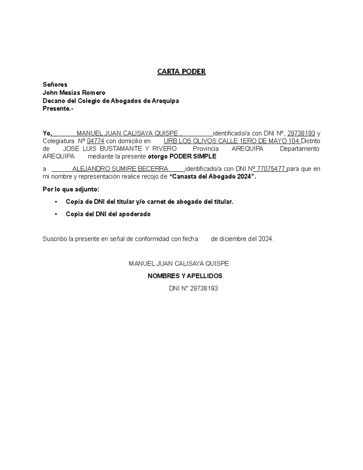 Modelo- Carta- Poder - CARTA PODER Señores John Mesias Romero Decano ...