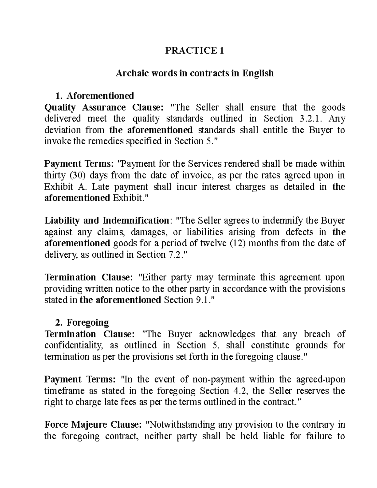 2. Practice 1 - Archaic words in Contracts - PRACTICE 1 Archaic words ...