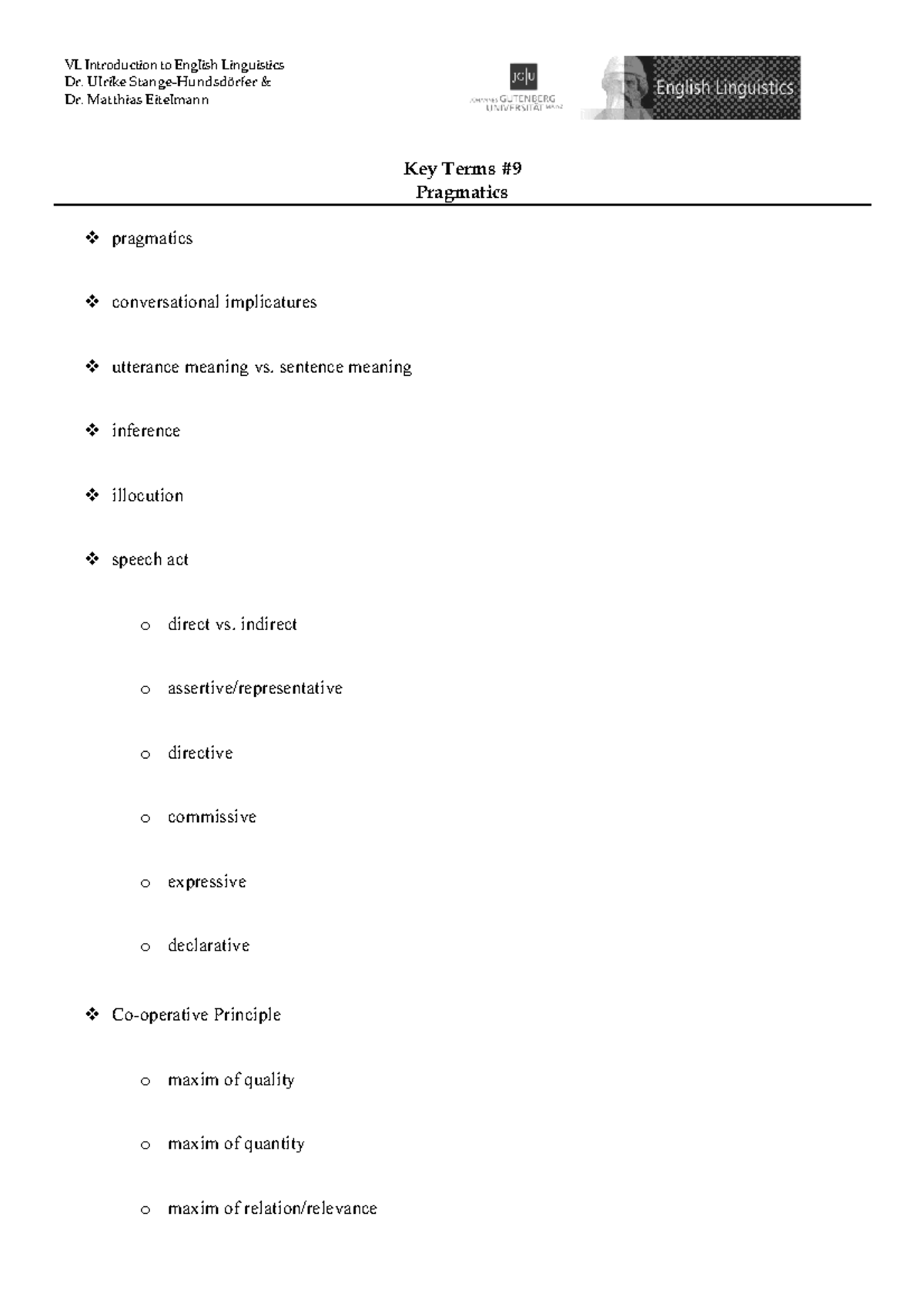 09 Pragmatics - key terms - VL Introduction to English Linguistics Dr ...