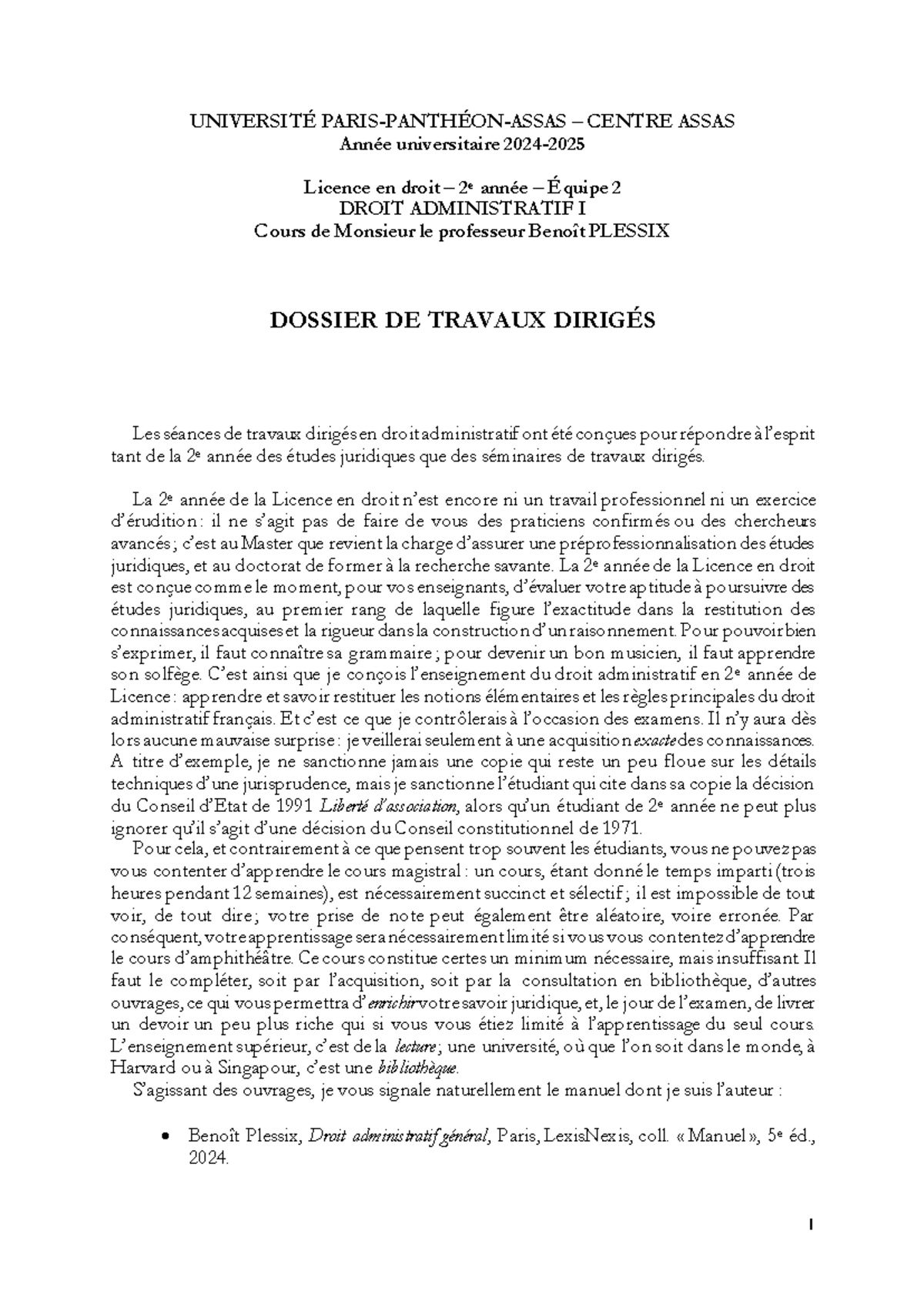 Plessix - L2 - Fascicule TD 1 Ã 10 - Droit administratif I 2024-2025-2 ...