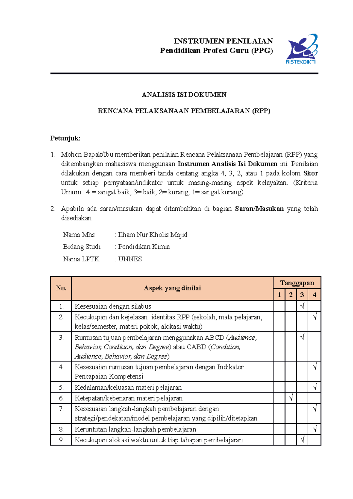 Penilaian Lembar RPP - ANALISIS ISI DOKUMEN RENCANA PELAKSANAAN ...