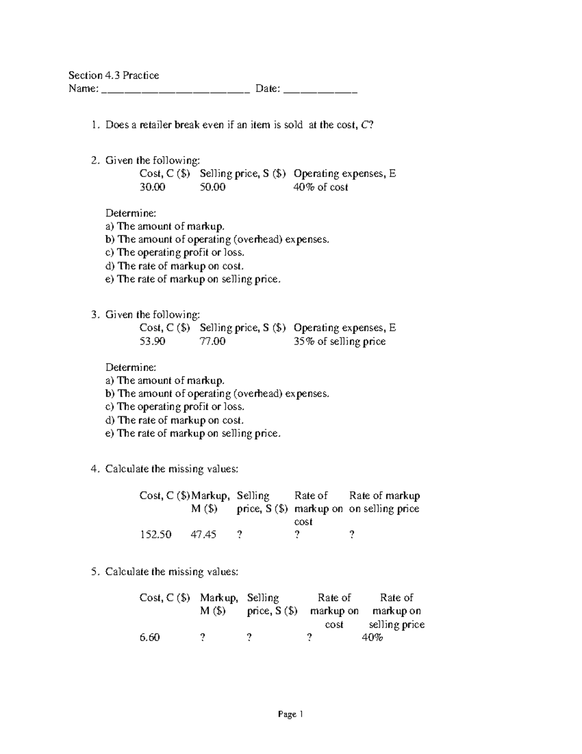 Chapter 4 Section 5.3 Practice Business Math - Section 4 Practice Name