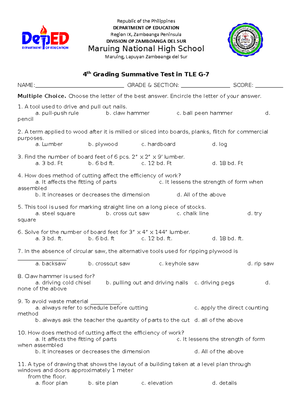 TLE Summative TEST - Republic of the Philippines DEPARTMENT OF ...