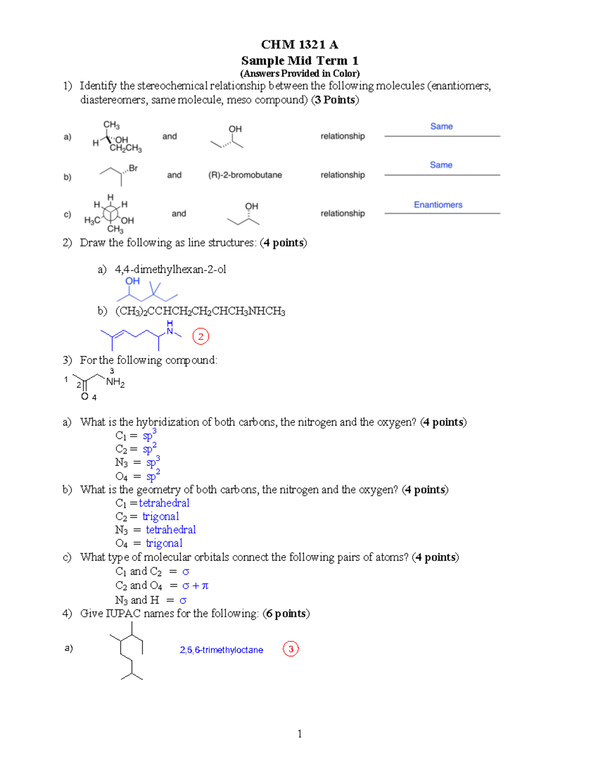 Sample mid-term 1 with answers 1 - CHM 1321 A Sample Mid Term 1 ...