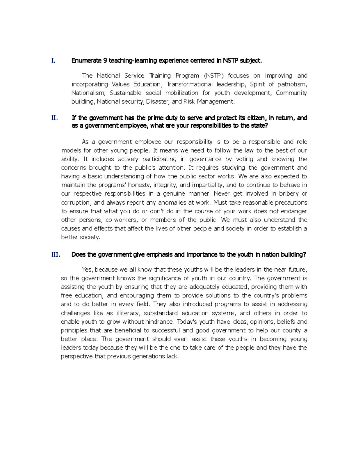 NSTP Learning Activity 1 - I. Enumerate 9 teaching-learning experience ...
