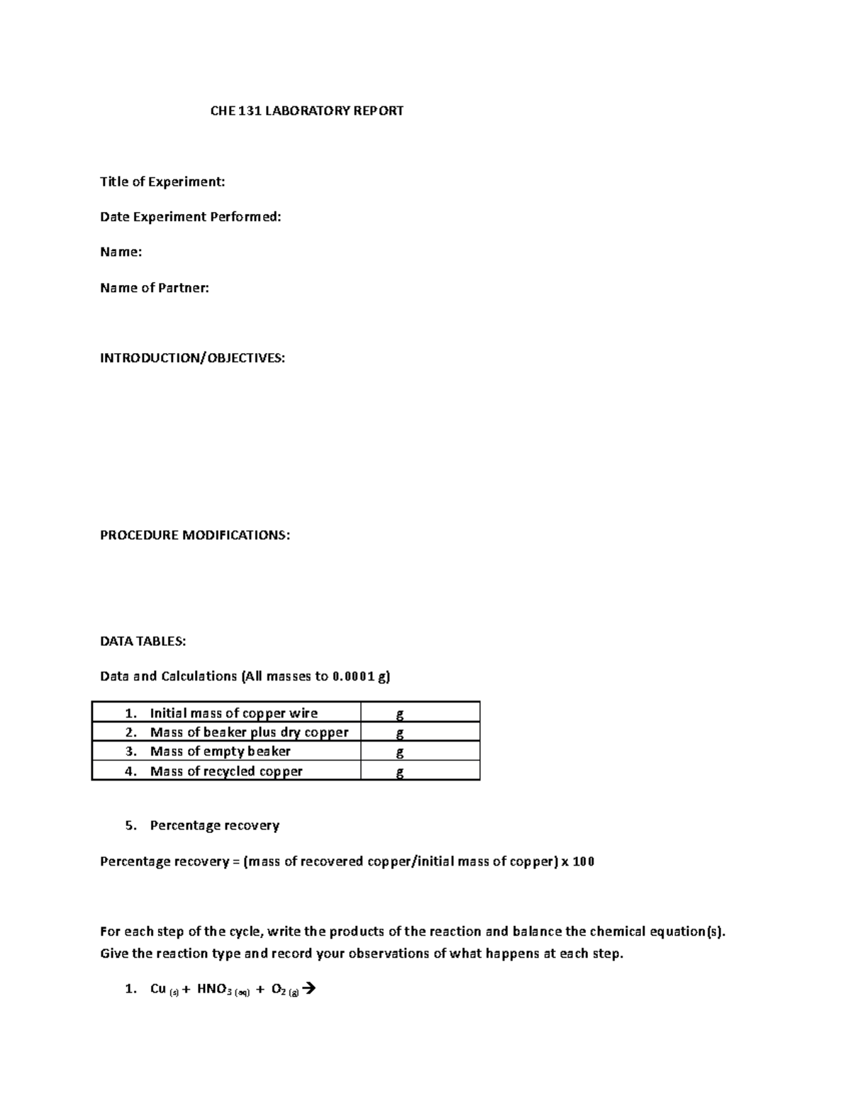 Lab 5 Cycle of Copper Report Template - CHE 131 LABORATORY REPORT Title ...