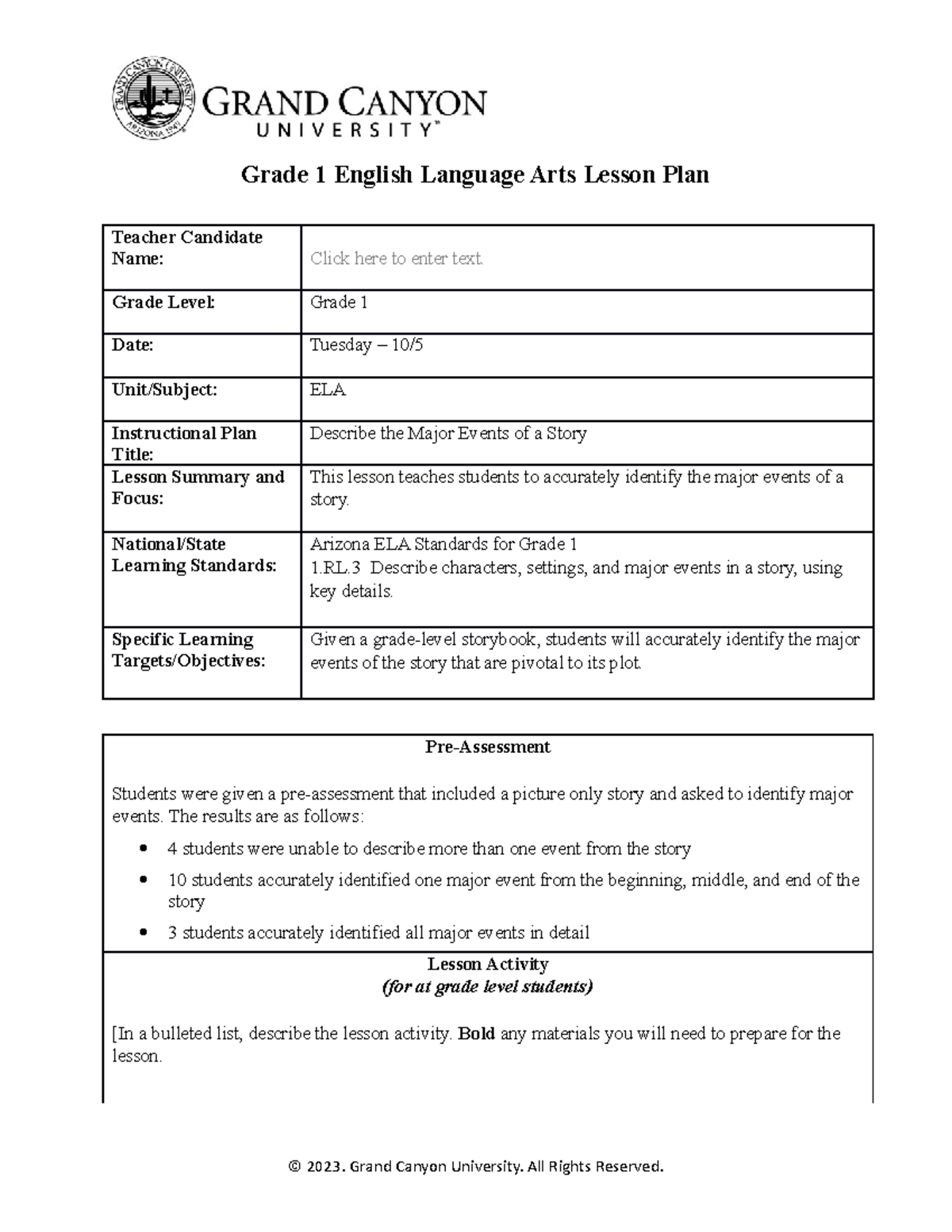ECE 220 ELA Lesson Plan Grade 1 English Language Arts Lesson Plan