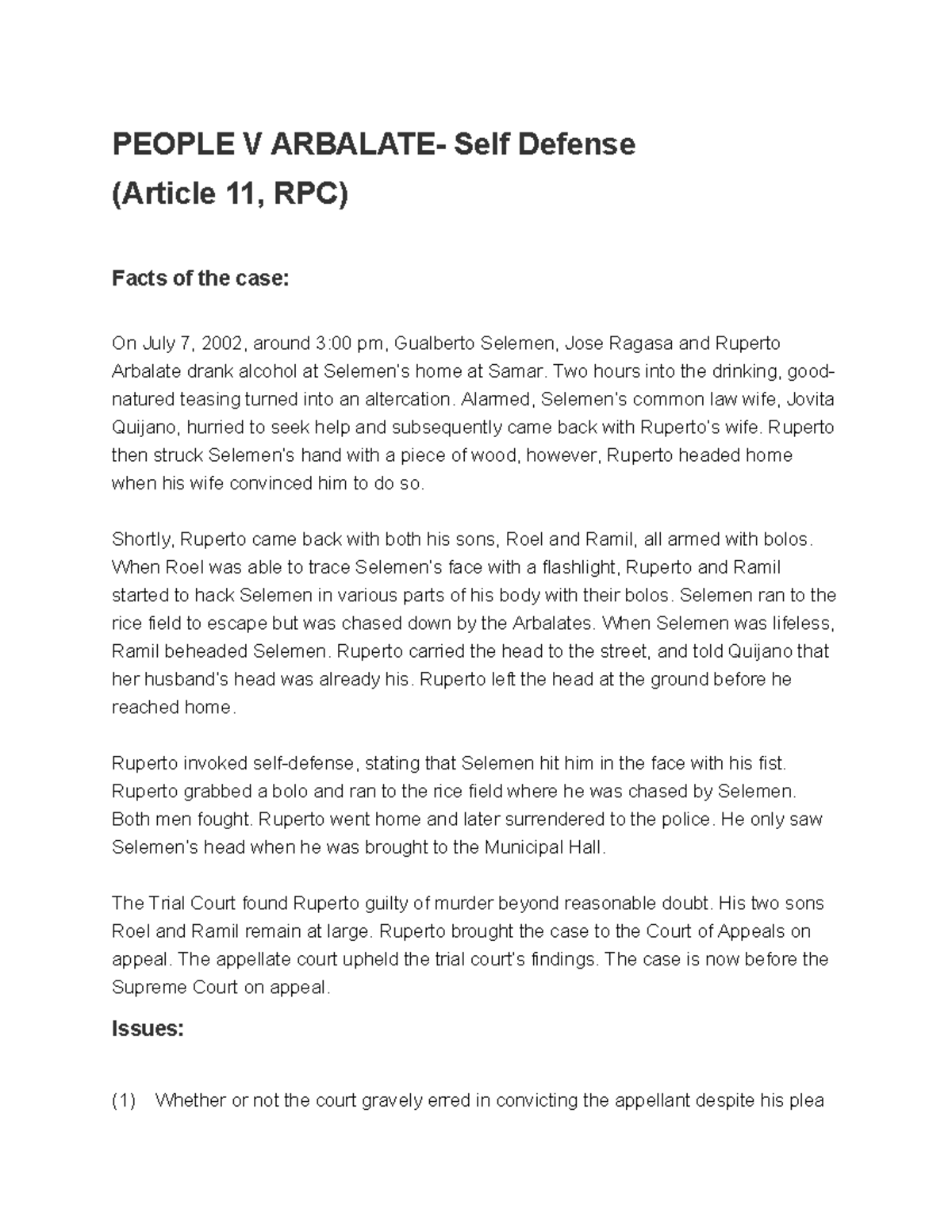 Article 11 cases - Law - PEOPLE V ARBALATE- Self Defense (Article 11 ...